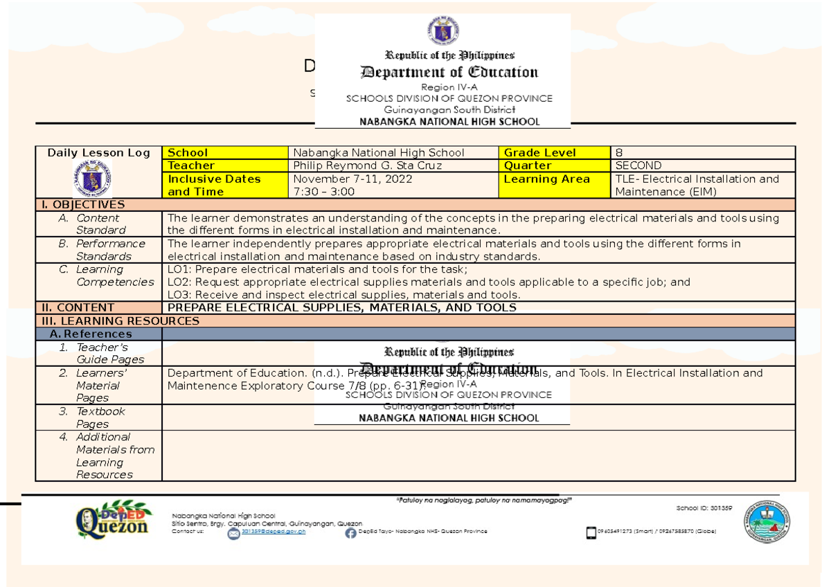 TLE 8 - Daily Lesson Log for Electrical Installation & Maintenance ...