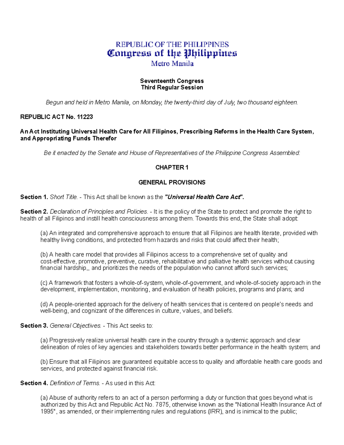 Republic Act no. 11223 - Seventeenth Congress Third Regular Session ...