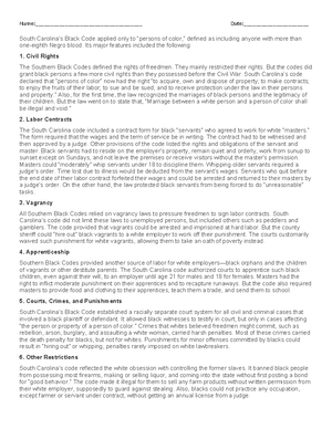 Examples of Black Codes - THE RECONSTRUCTION ERA 61 HANDOUT Examples of ...