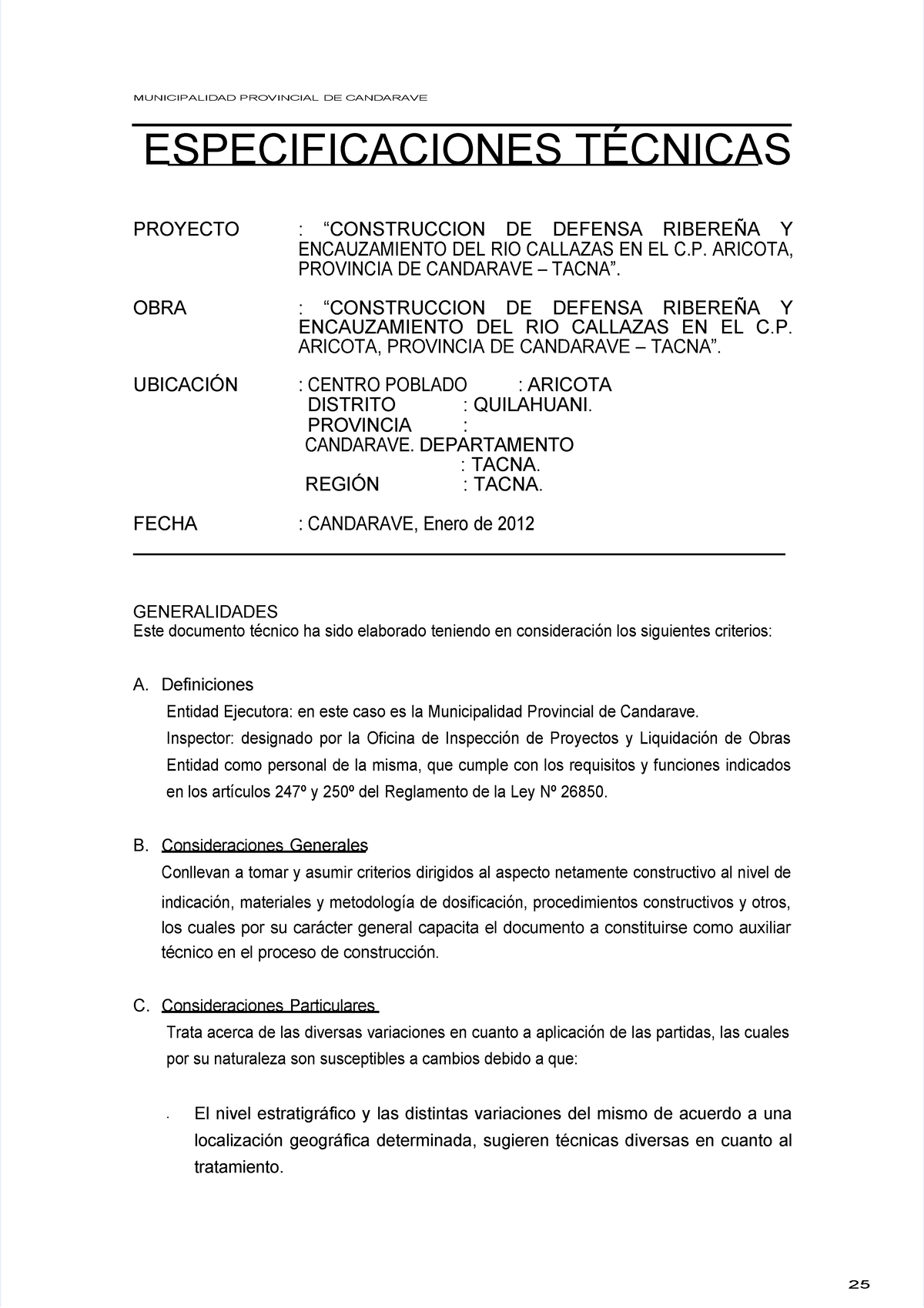 Especificaciones Técnicas para la Defensa Ribereña del Río Callazas - Studocu