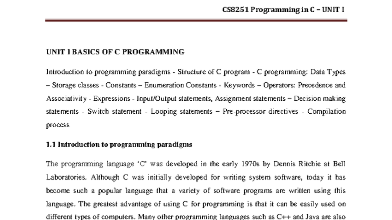 CS8251 Programming in C: UNIT I - Basics of C Programming - Studocu