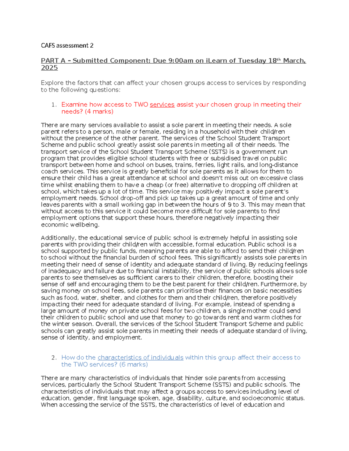 CAFS Assessment 2: Access to Services for Sole Parents - Studocu