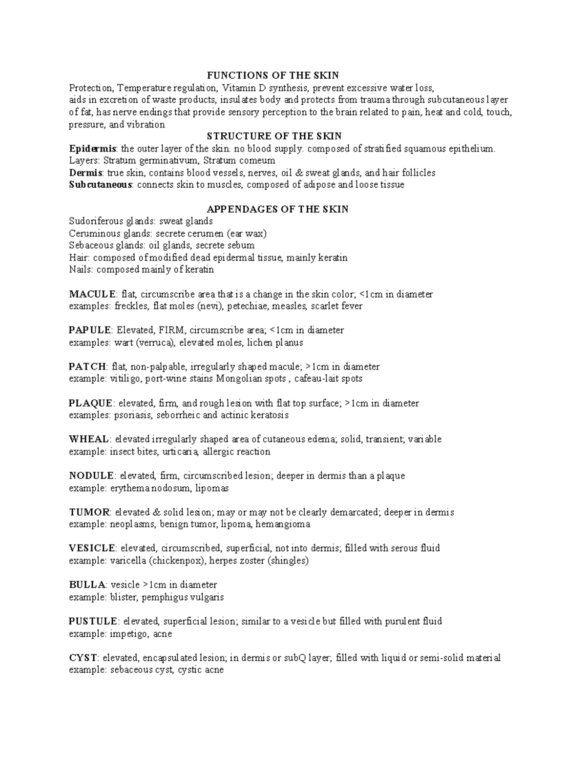 Med Surg Integumentary System: Functions, Structures & Disorders - Studocu