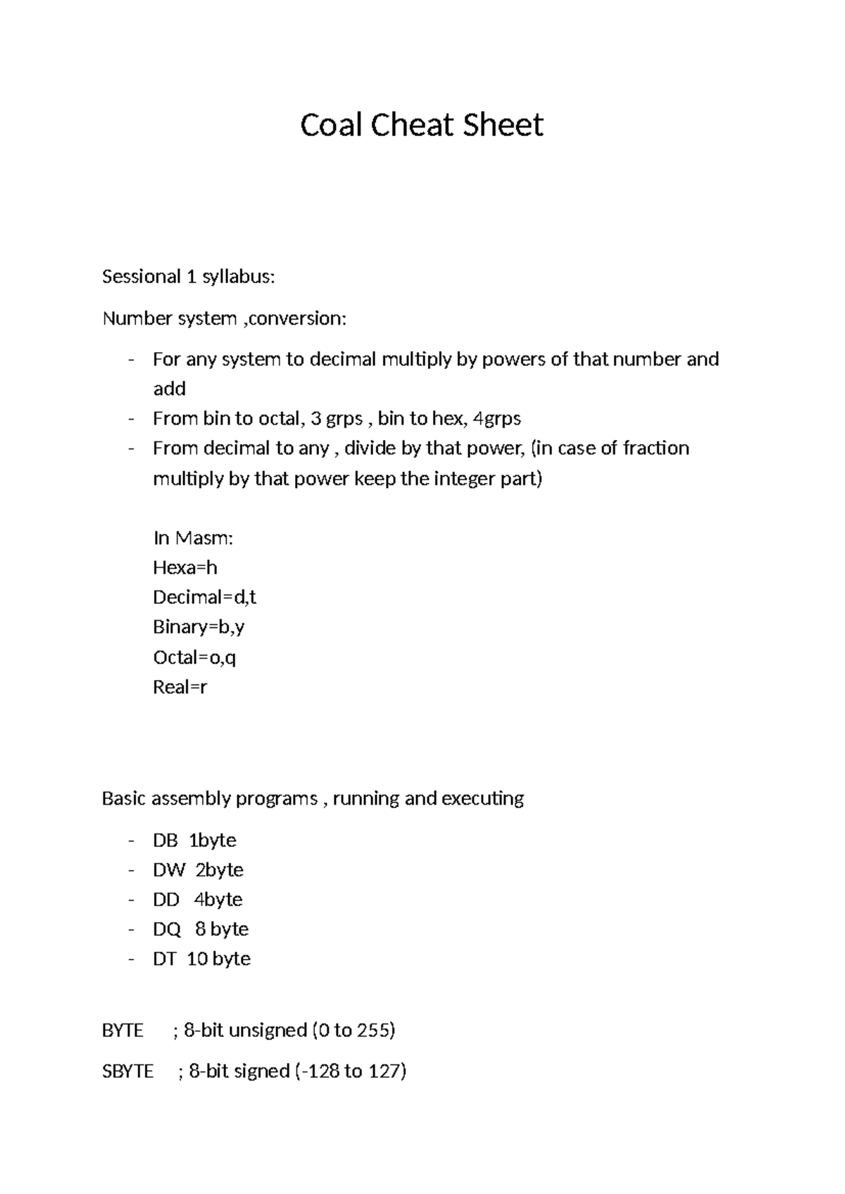 Coal Cheat Sheet Sessional 1 & 2: Assembly Language Concepts - Studocu