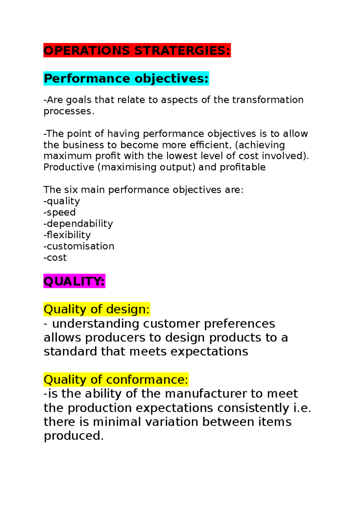 Business Work 21: Operations Strategies & Performance Objectives Notes ...