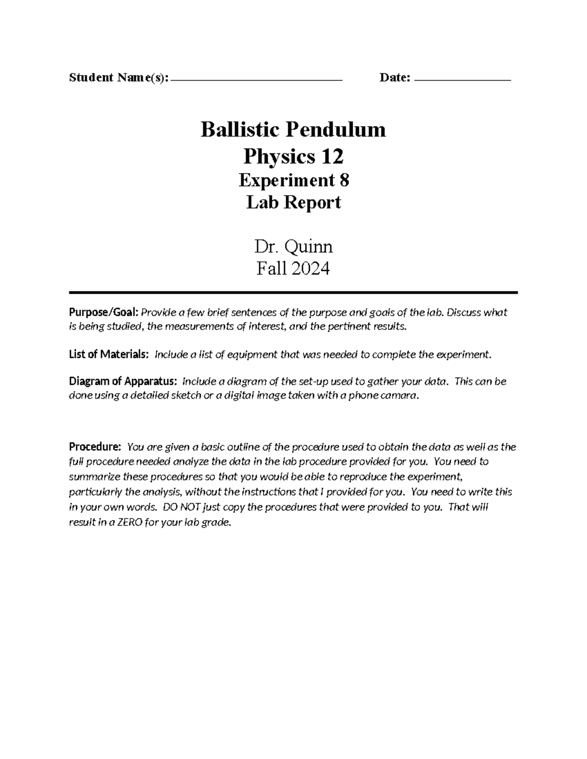 Physics 12: Experiment 8 Ballistic Pendulum Lab Report Template - Studocu
