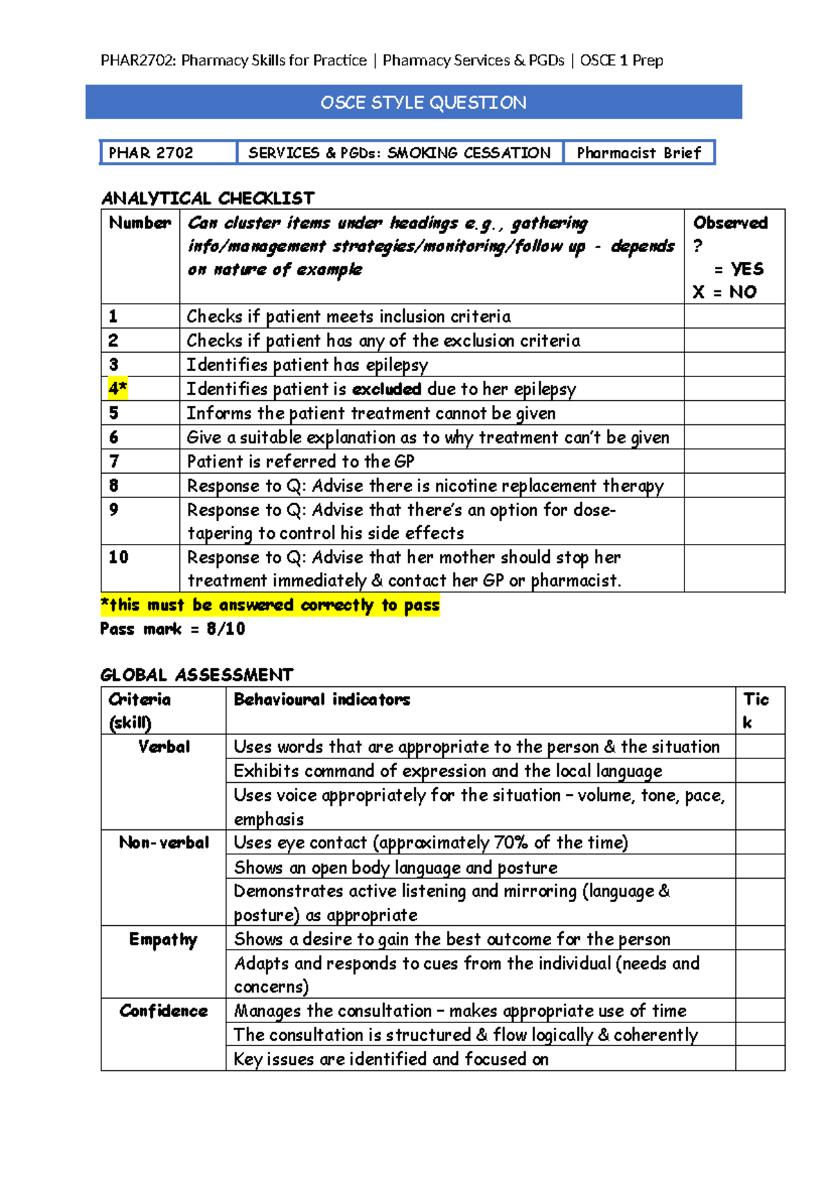 PHAR2702: Smoking Cessation OSCE 1 Marking Scheme & Checklist - Studocu