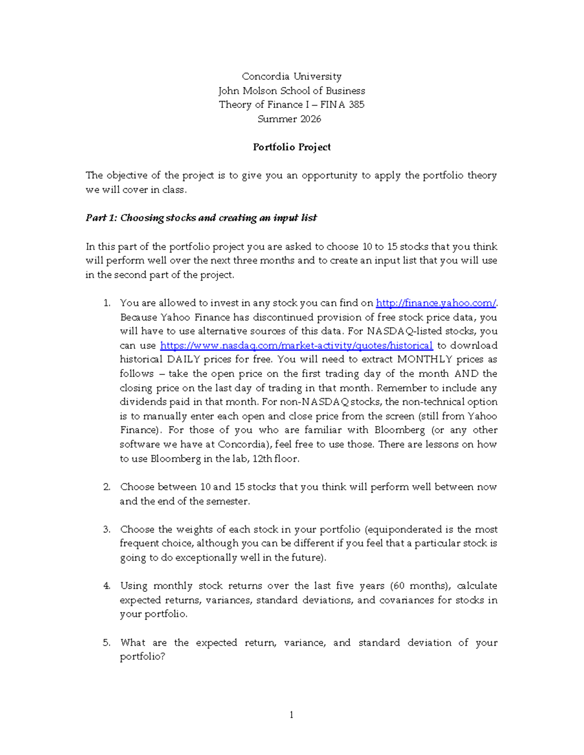 Portfolio Project for FINA 385: Theory of Finance I - Summer 2026 - Studocu