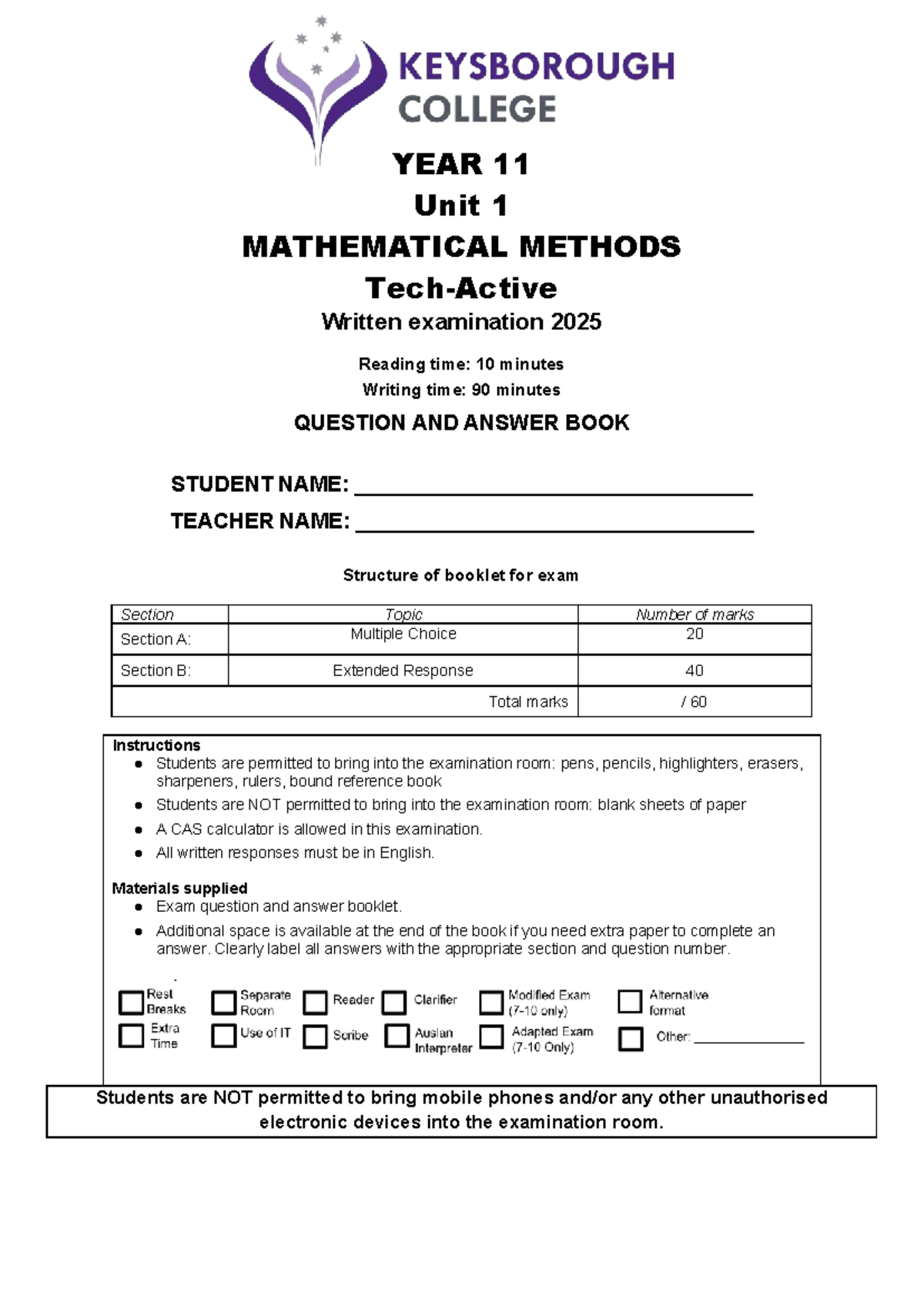 Year 11 Mathematical Methods Unit 1 Exam 2025 - Question & Answer Book ...