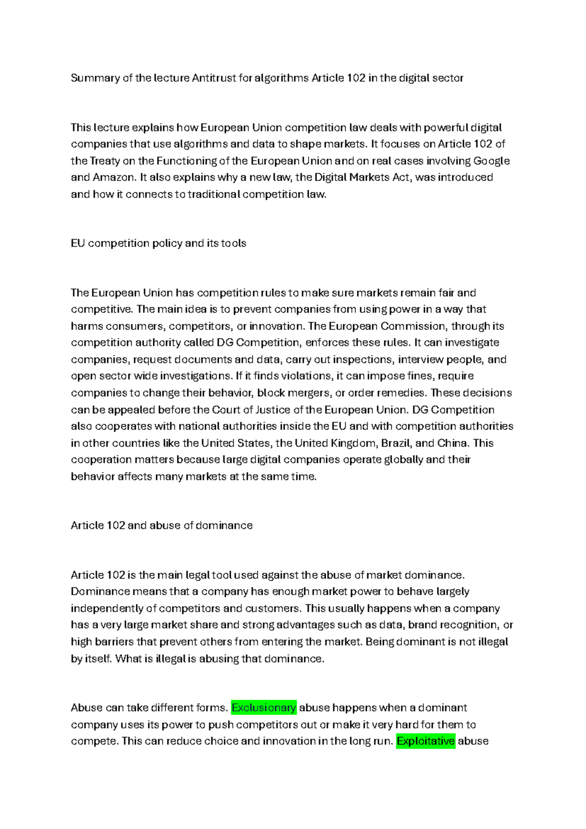 Summary of Lecture: Antitrust & Algorithms - EU Article 102 (MM) - Studocu