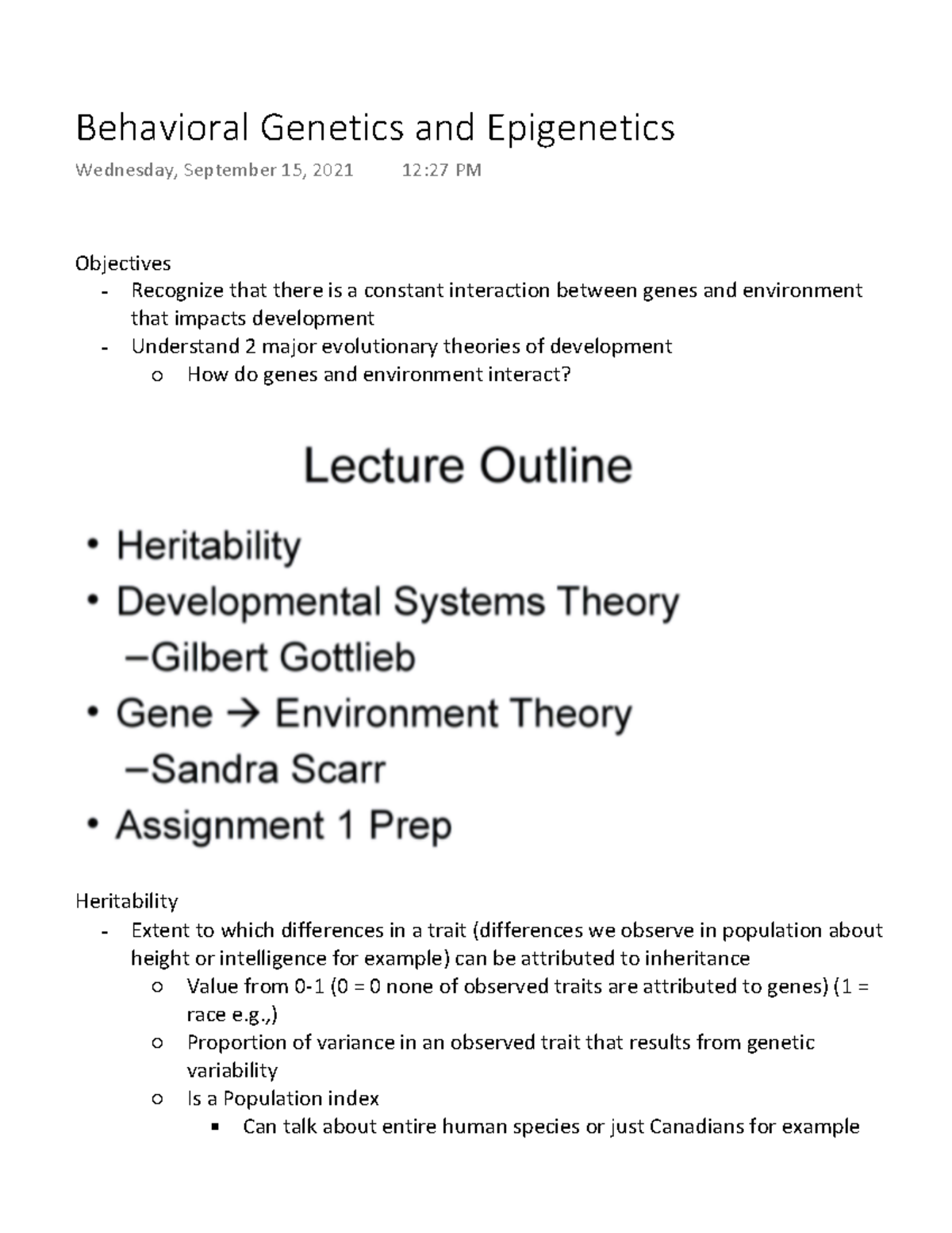 Behavioral Genetics and Epigenetics Lecture Notes (BG101) - Studocu