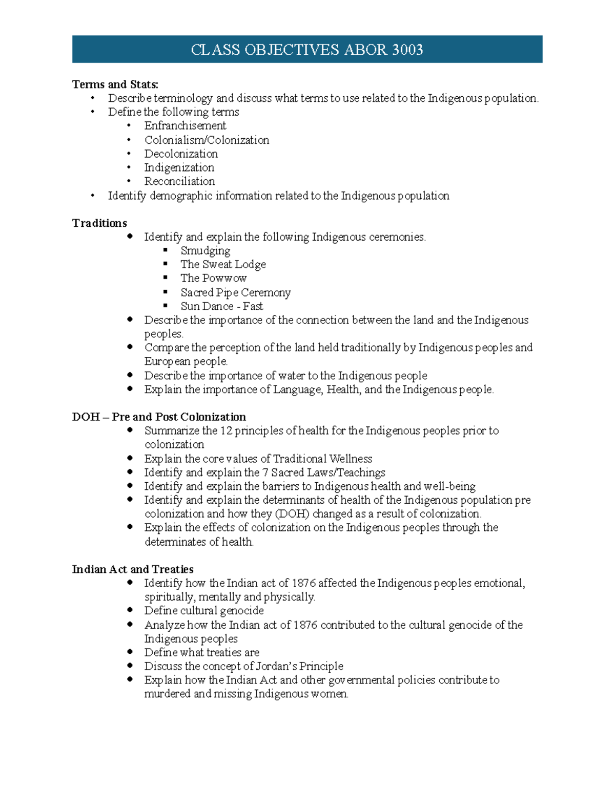 ABOR 3003 - Class Objectives and Key Concepts for Indigenous Studies ...