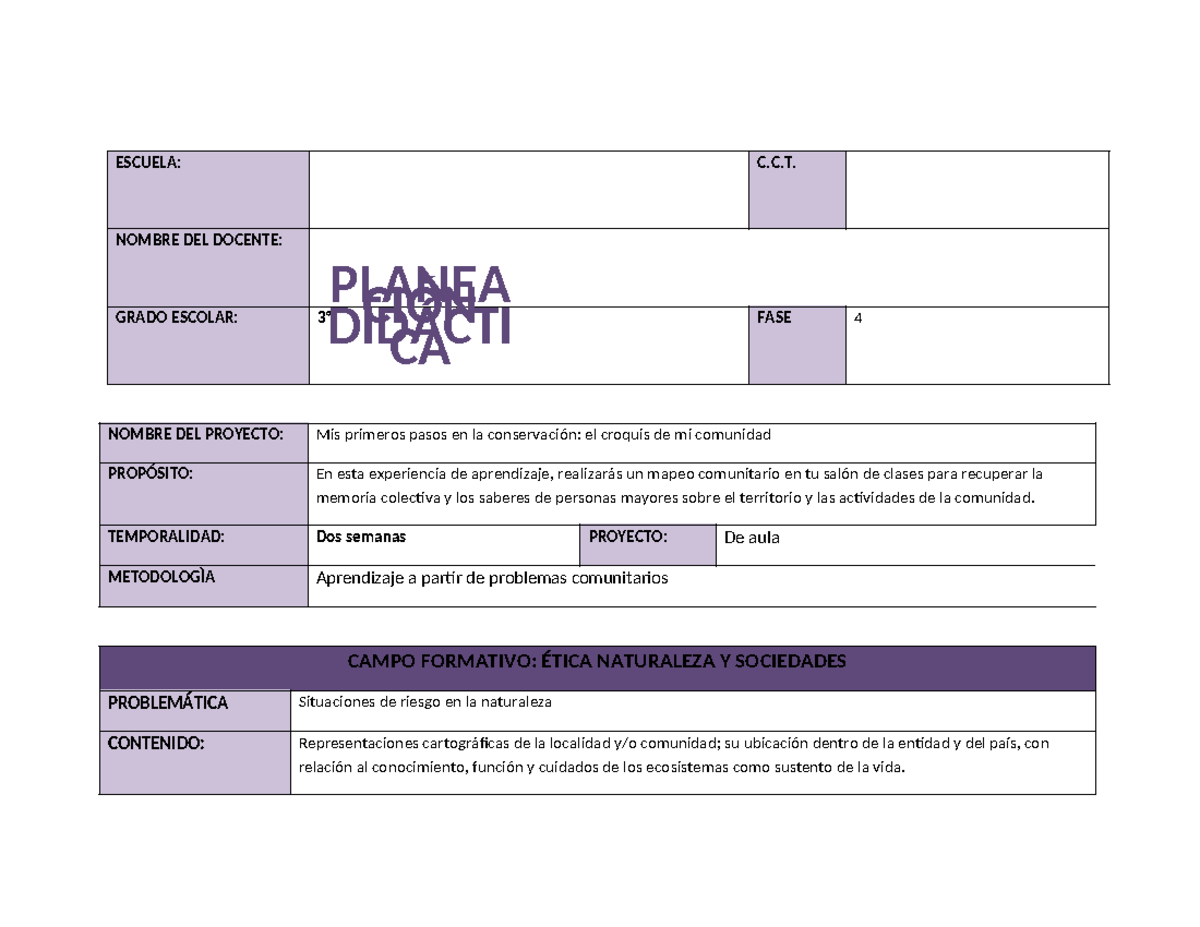 PLANEA CIÓN DIDÁCTI CA: El Croquis de Mi Comunidad - 3º Grado - Studocu