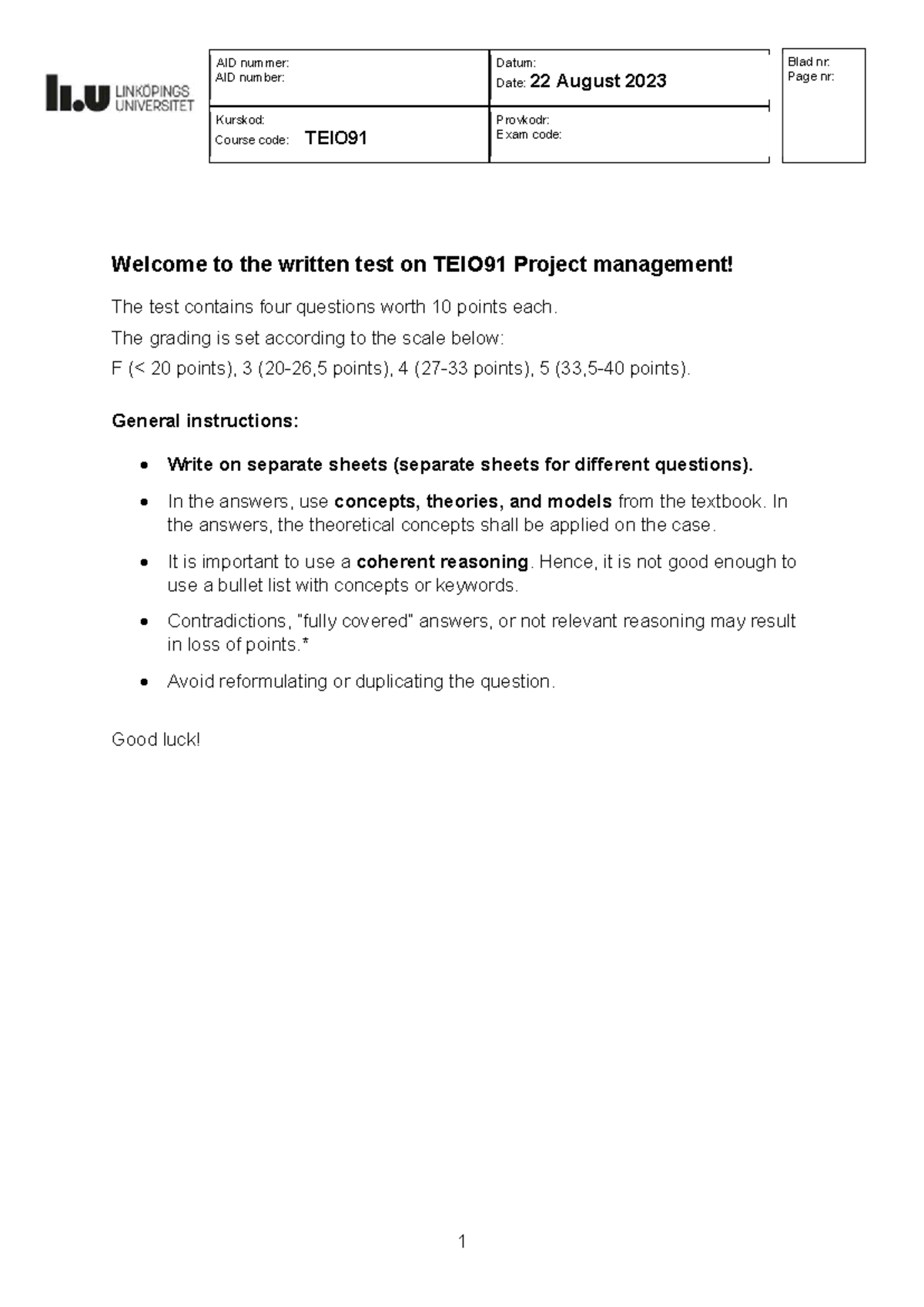 TEIO91 Written Test: Project Management Exam - August 2023 - Studocu