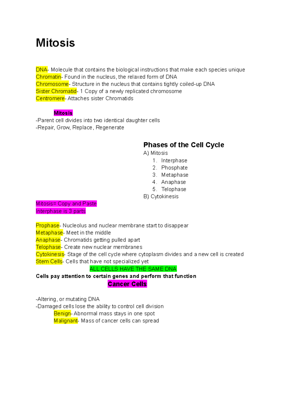 Mitosis Notes - Mitosis DNA- Molecule that contains the biological ...