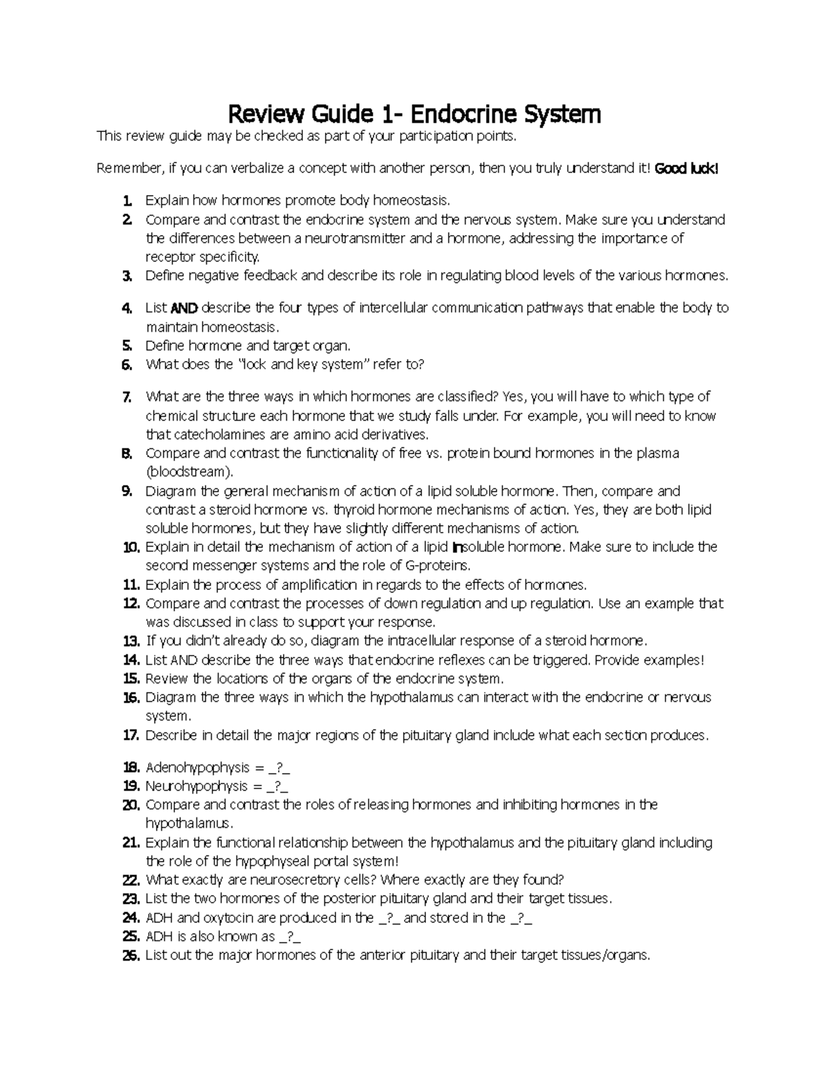 Endocrine System Review Guide 1: Hormones & Homeostasis Insights - Studocu