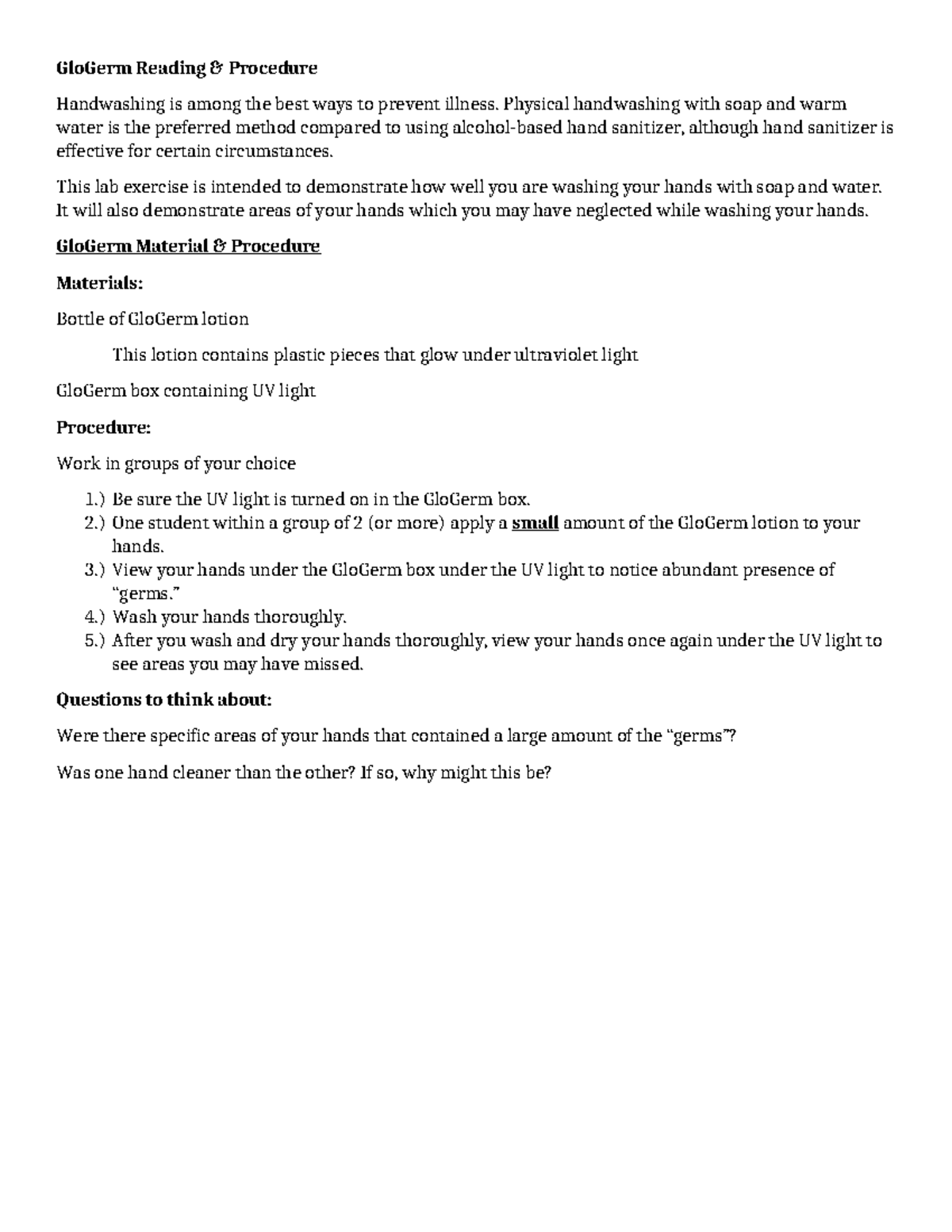 GloGerm Handwashing Lab Exercise: Procedure & Observations - Studocu