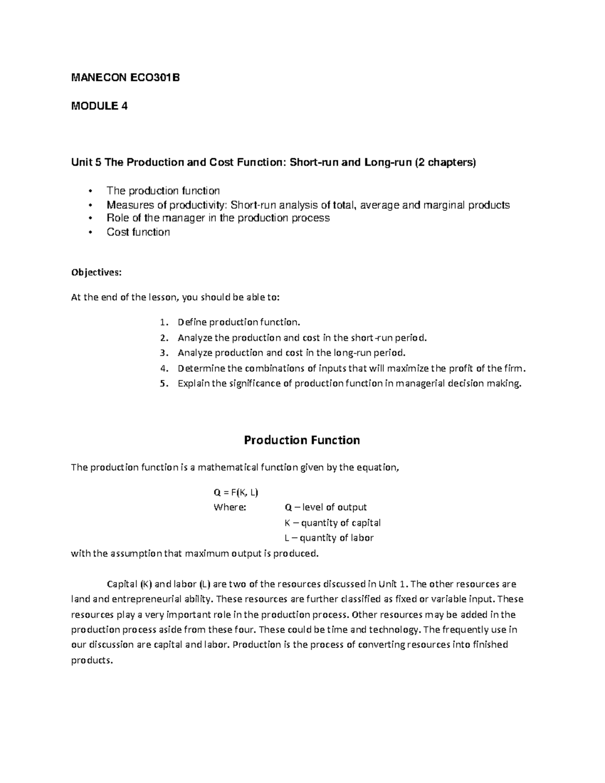 ECO301B Module 4: Production and Cost Functions Overview - Studocu