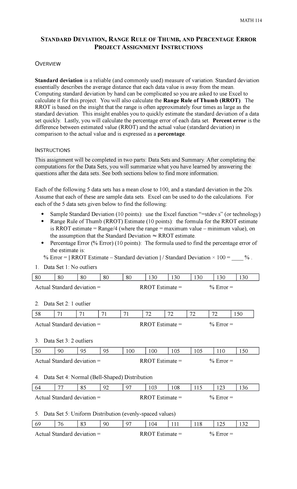MATH 114: Standard Deviation, RROT & Percentage Error Project ...
