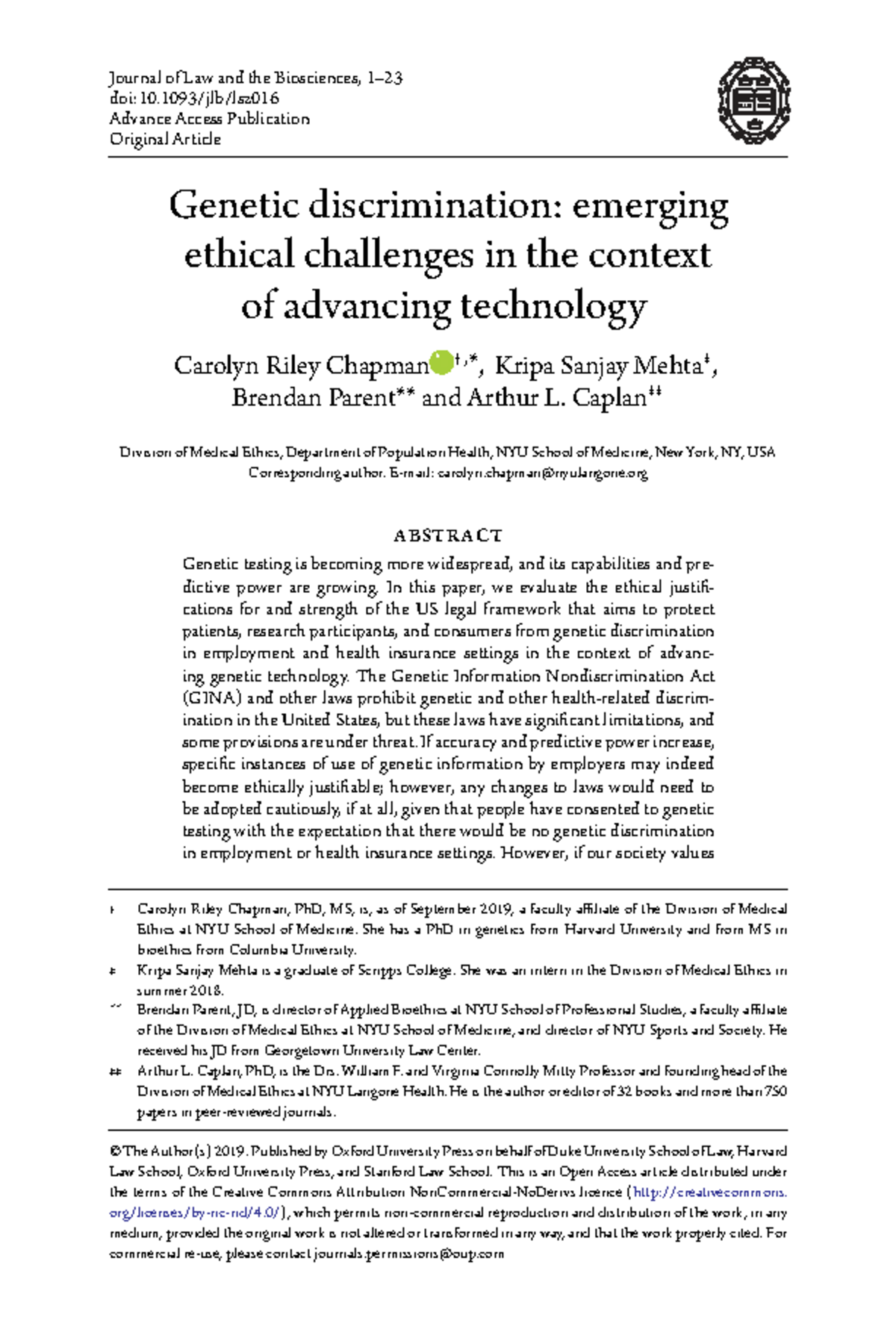 Ethical Considerations on Genetic Discrimination: GINA and Future ...