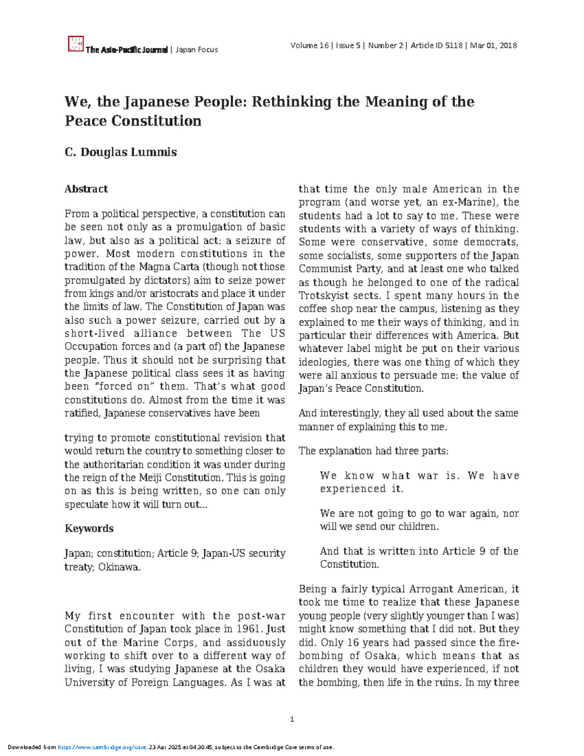 Rethinking Japan's Peace Constitution: A Sovereignty Perspective (APJ ...