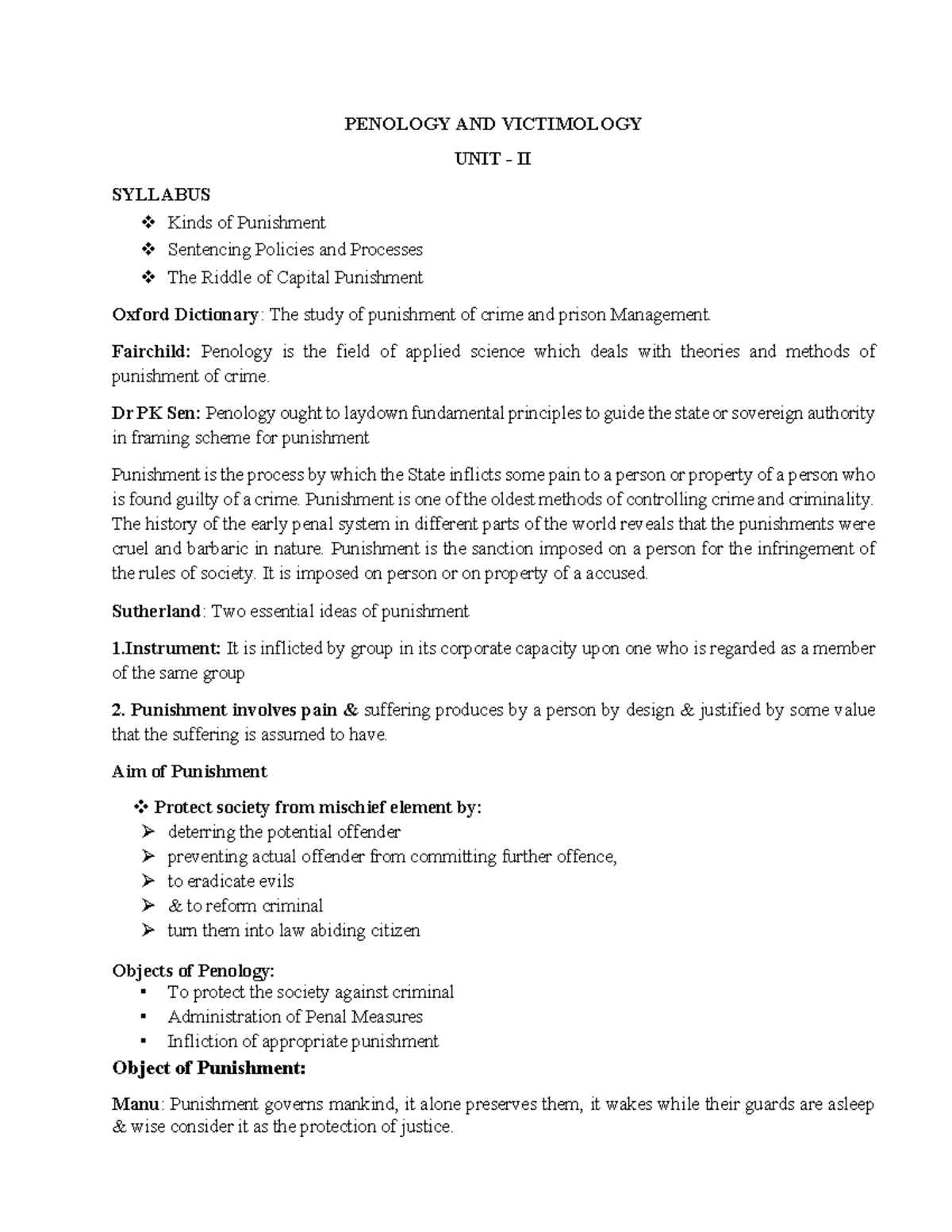 Penology & Victimology: Understanding Punishment Types - Unit II - Studocu