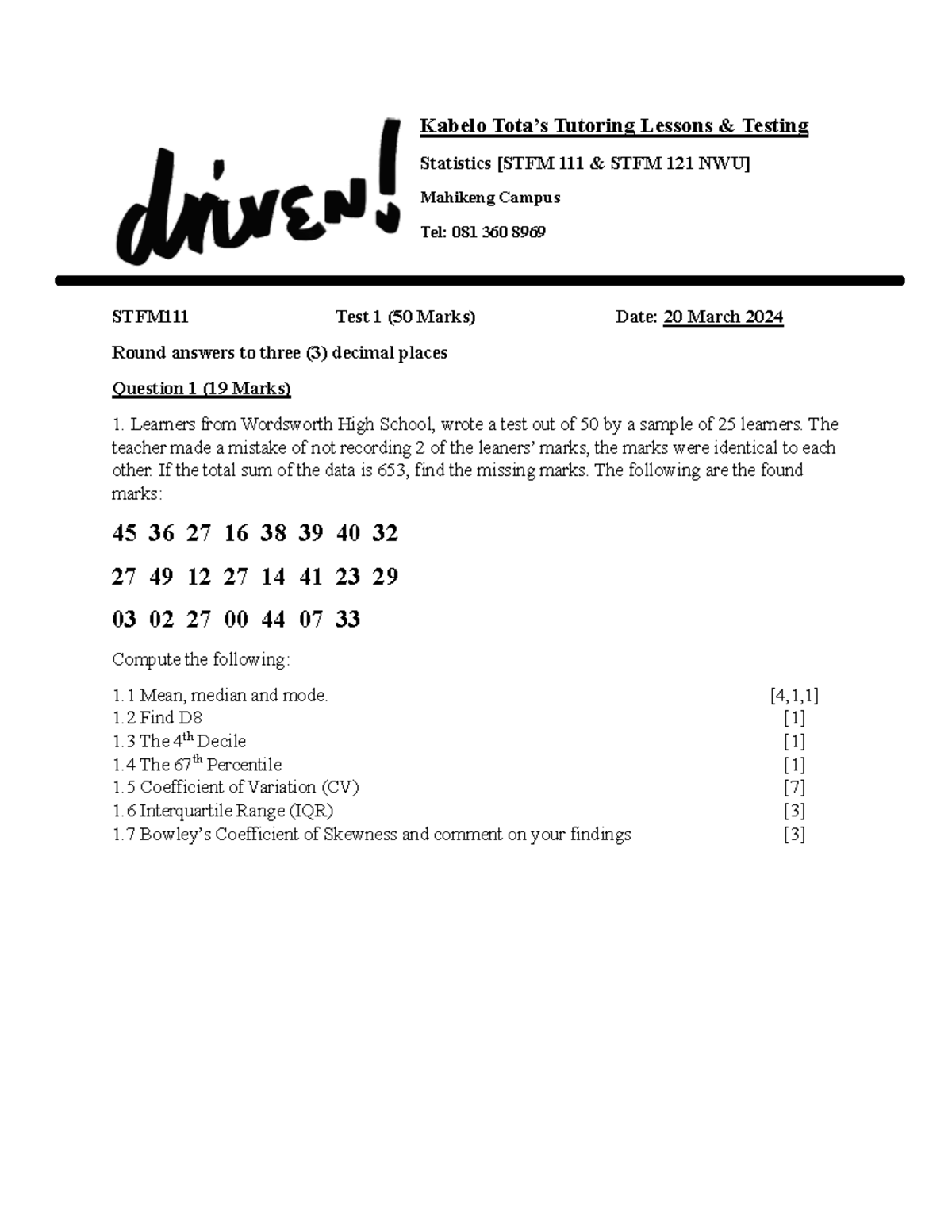 STFM111 Test 1 - Kabelo Tota: Tutoring Lessons & Exam Prep - Studocu