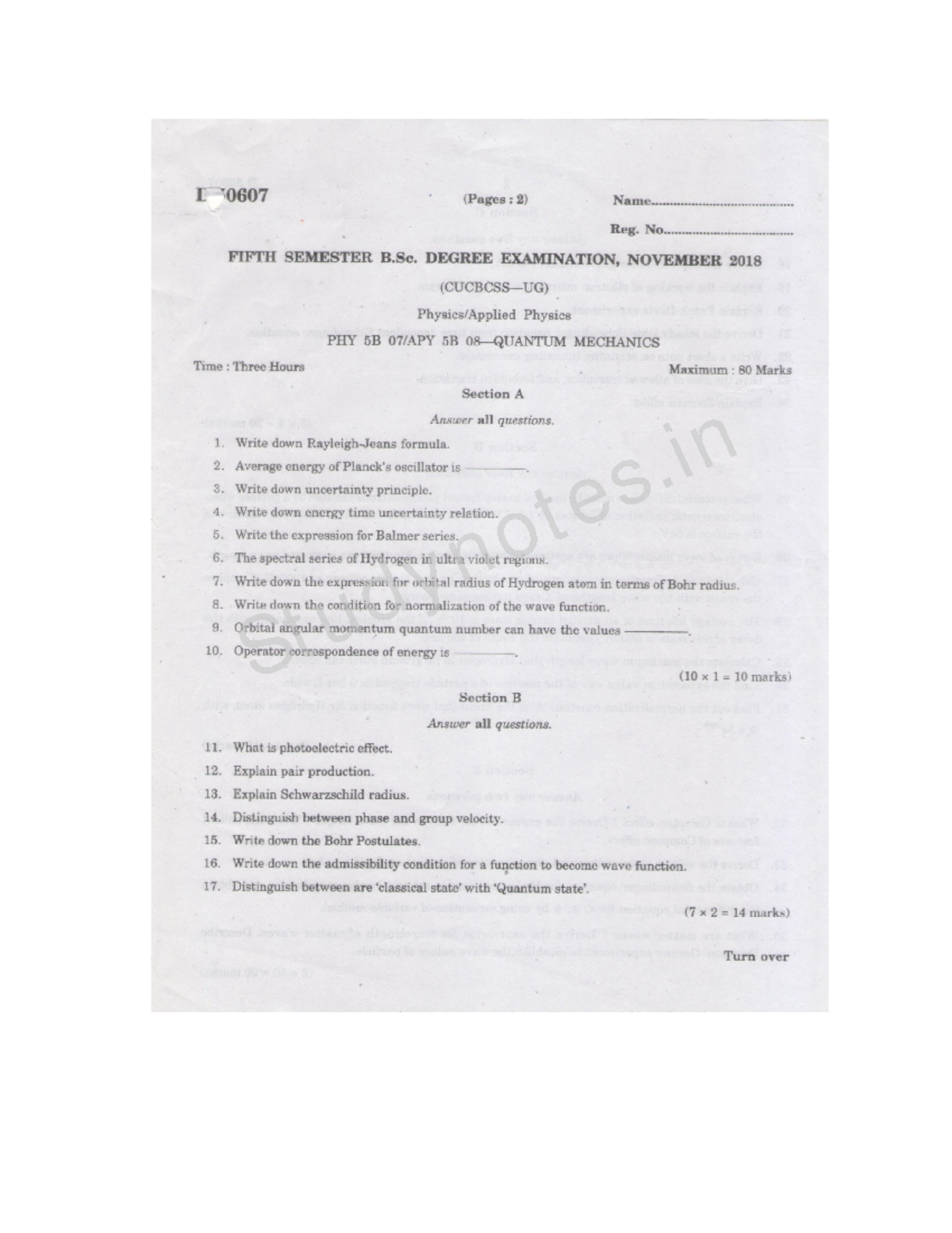 Quantum Mechanics Question Paper - B.Sc Physics Study Guide - Studocu