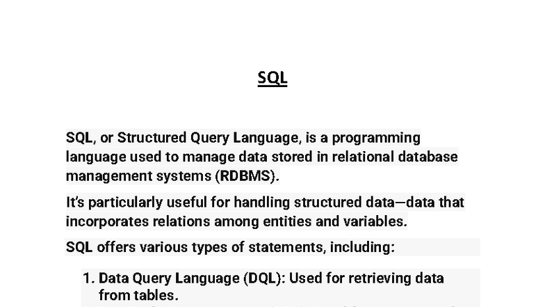 SQL Basics: Understanding DQL, DDL, DCL, and DML - Elective - Studocu