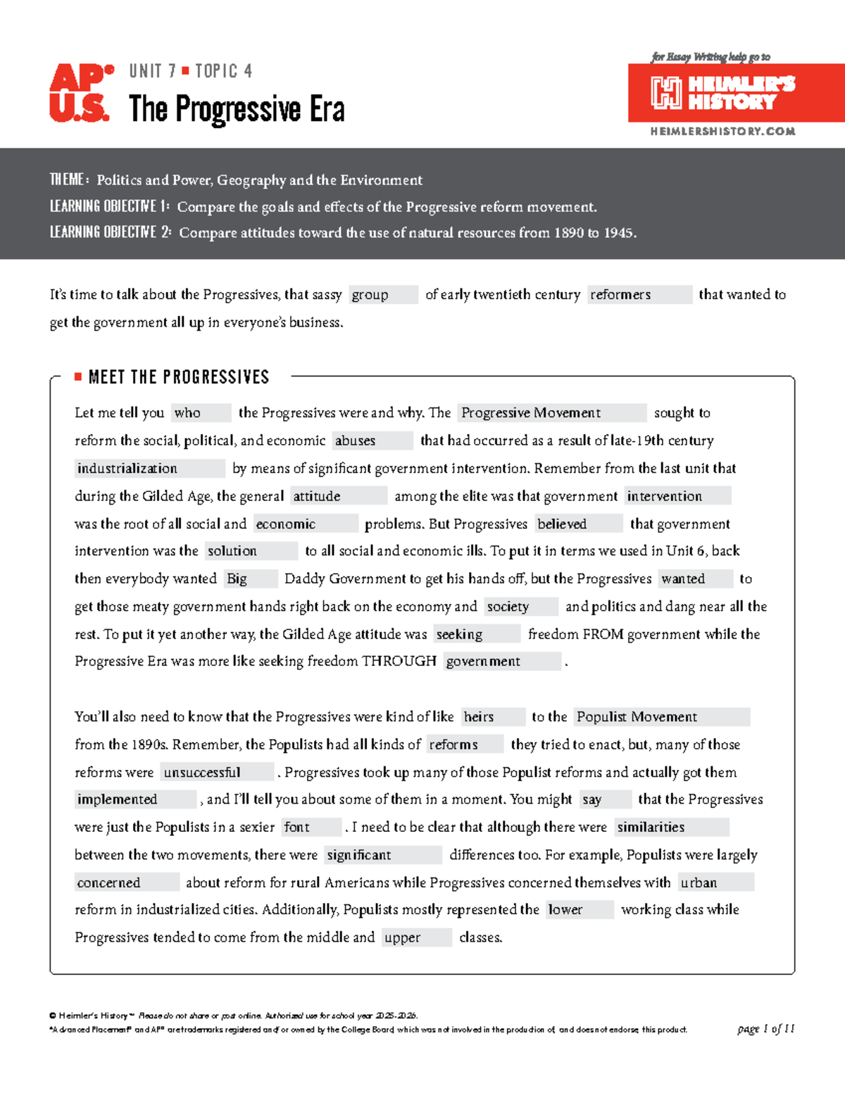 APUSH Unit 7 Topic 4: The Progressive Era Overview and Key Goals - Studocu