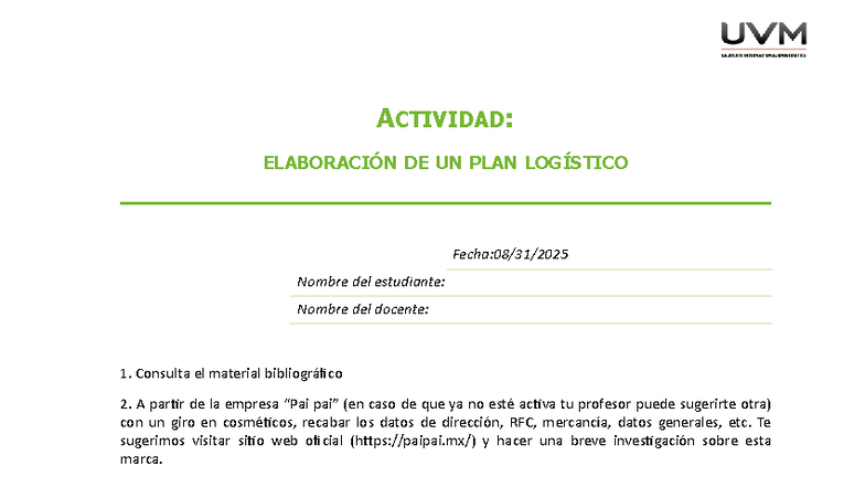 ACTIVIDAD: ELABORACIÓN DE UN PLAN LOGÍSTICO - Act. 1 Plan Logístico ...