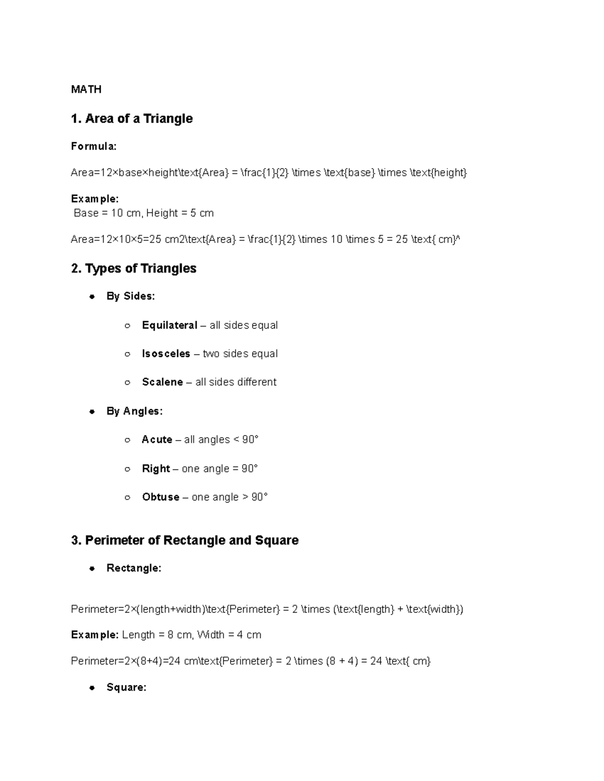 MATH 1: Triangle Area, Perimeter, Volume & Number Theory Notes - Studocu