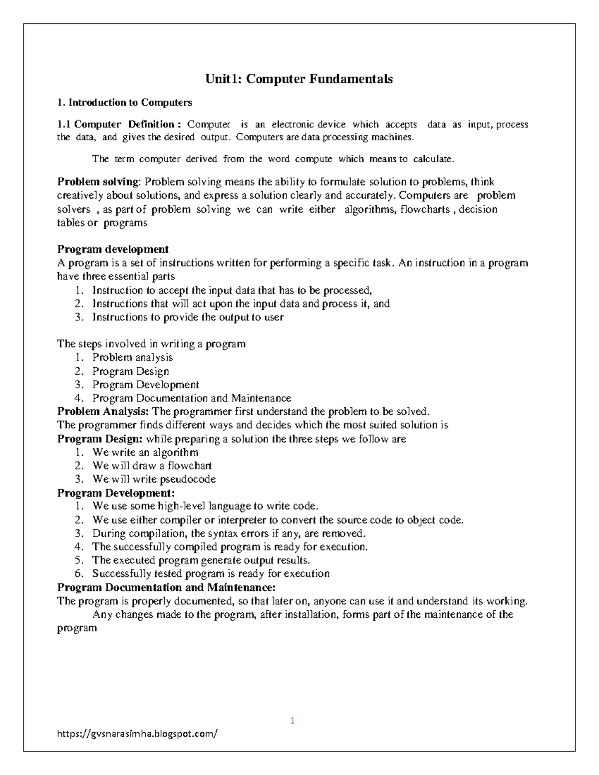 Unit 1: Problem Solving & Computer Fundamentals Overview - Studocu