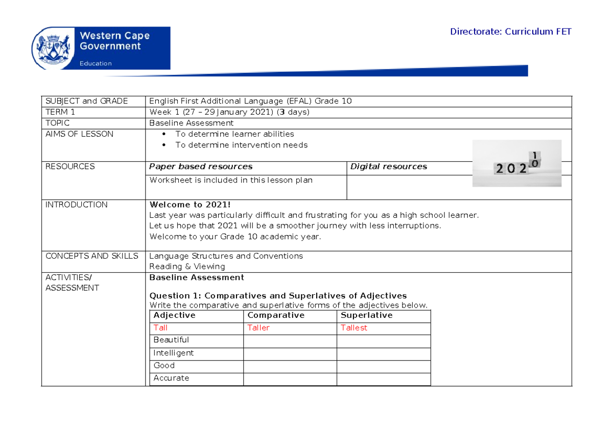 FET Lesson Framework 2021 Grade 10 EFAL Term 1 Week 1 - SUBJECT and ...