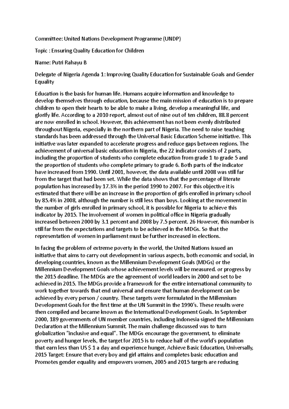 UNDP Putri Rahayu B - Lecture Notes on Quality Education for Children ...