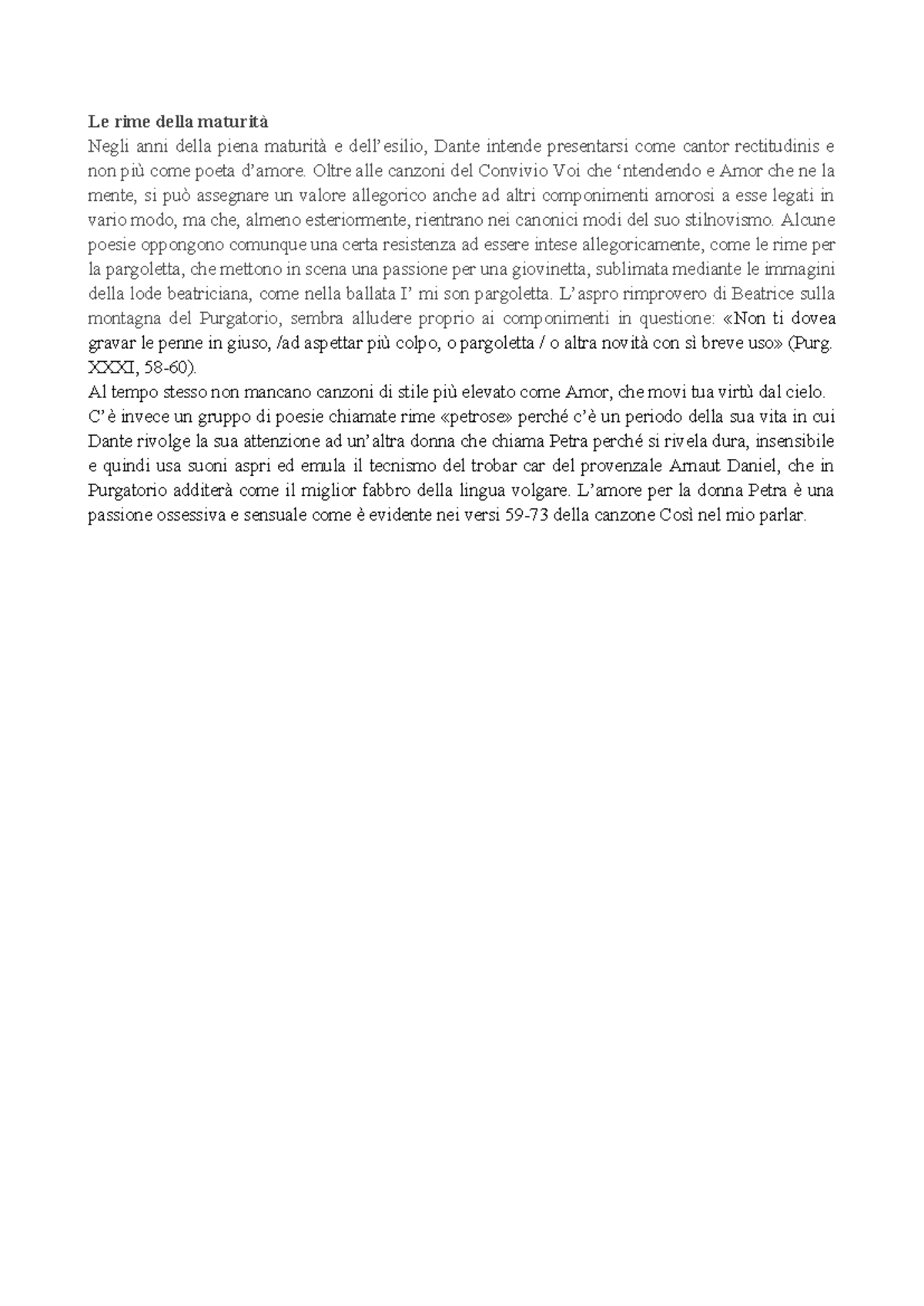 Le rime della maturità: Analisi e significato in Dante - Studocu