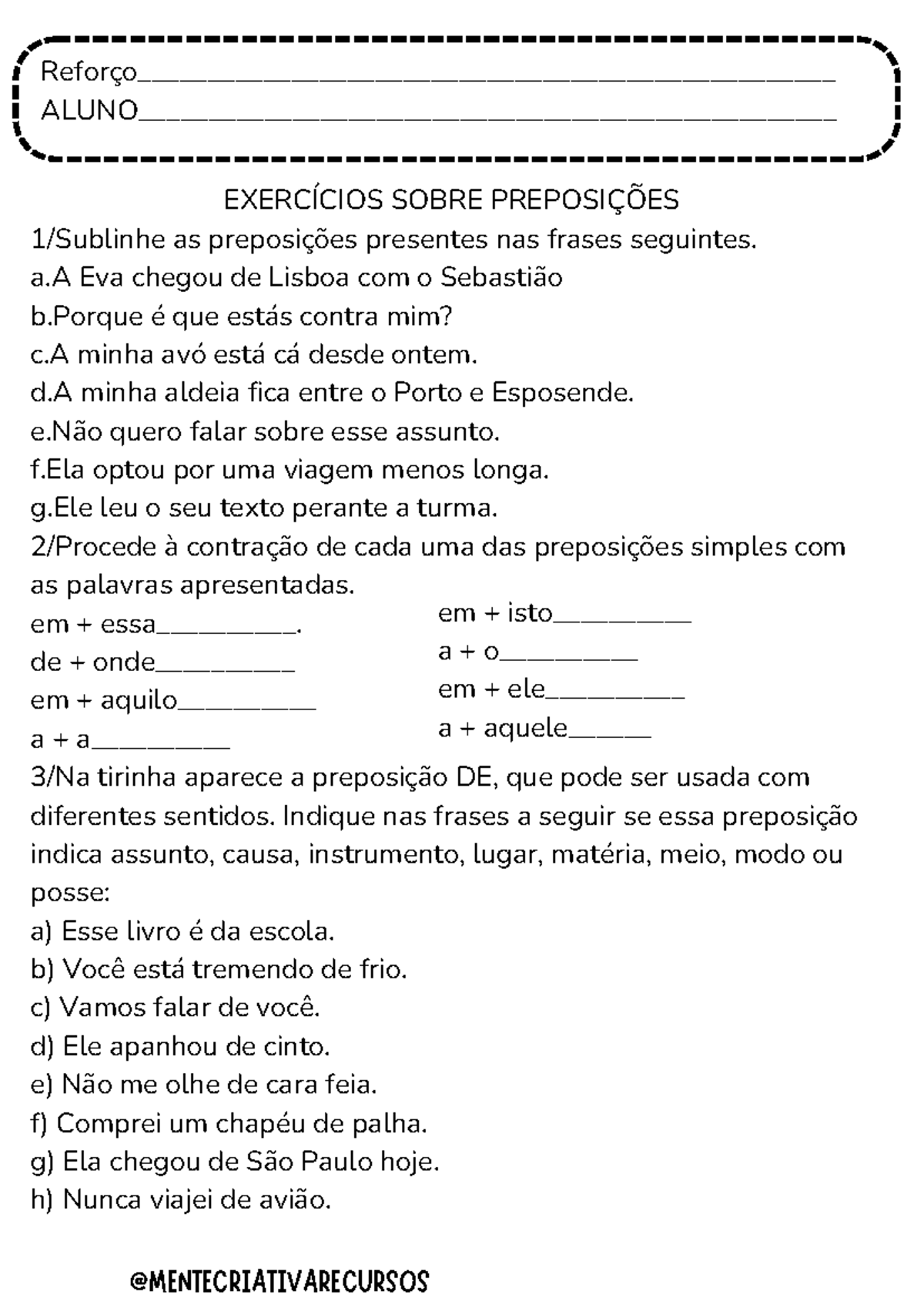 Lista de Atividades sobre Preposições - Português 101 - Studocu
