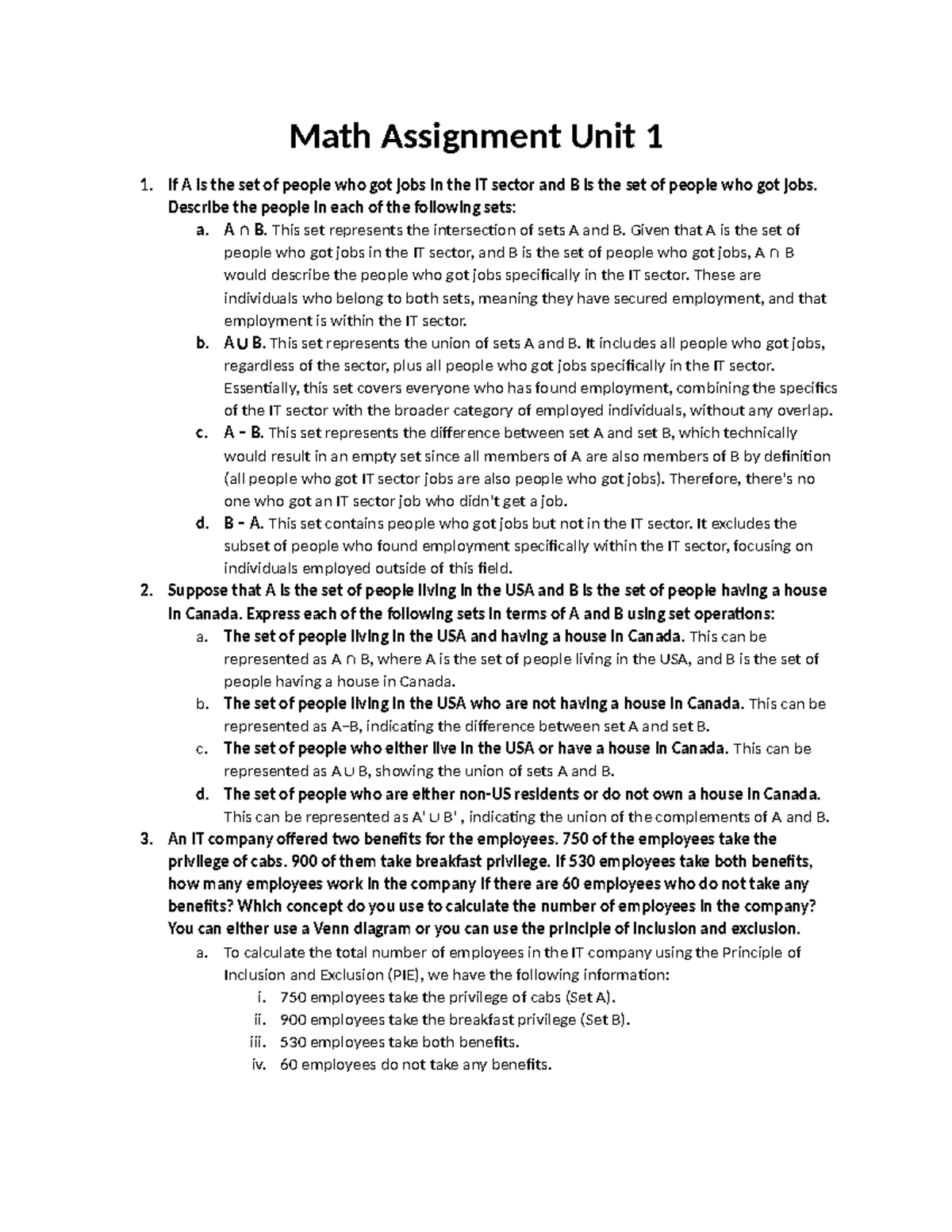 W1 - Assignment 1 - Math Assignment Unit 1 If A is the set of people ...