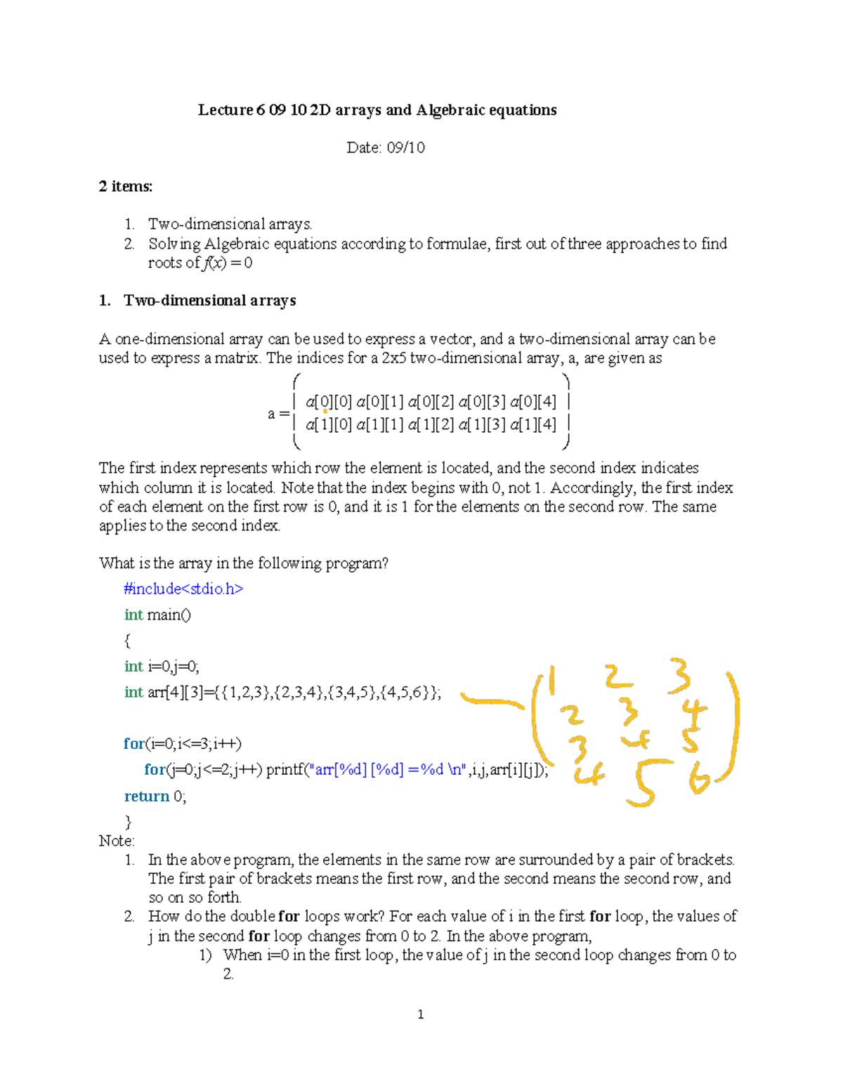 Lecture 6: 2D Arrays & Algebraic Equations Overview - Studocu