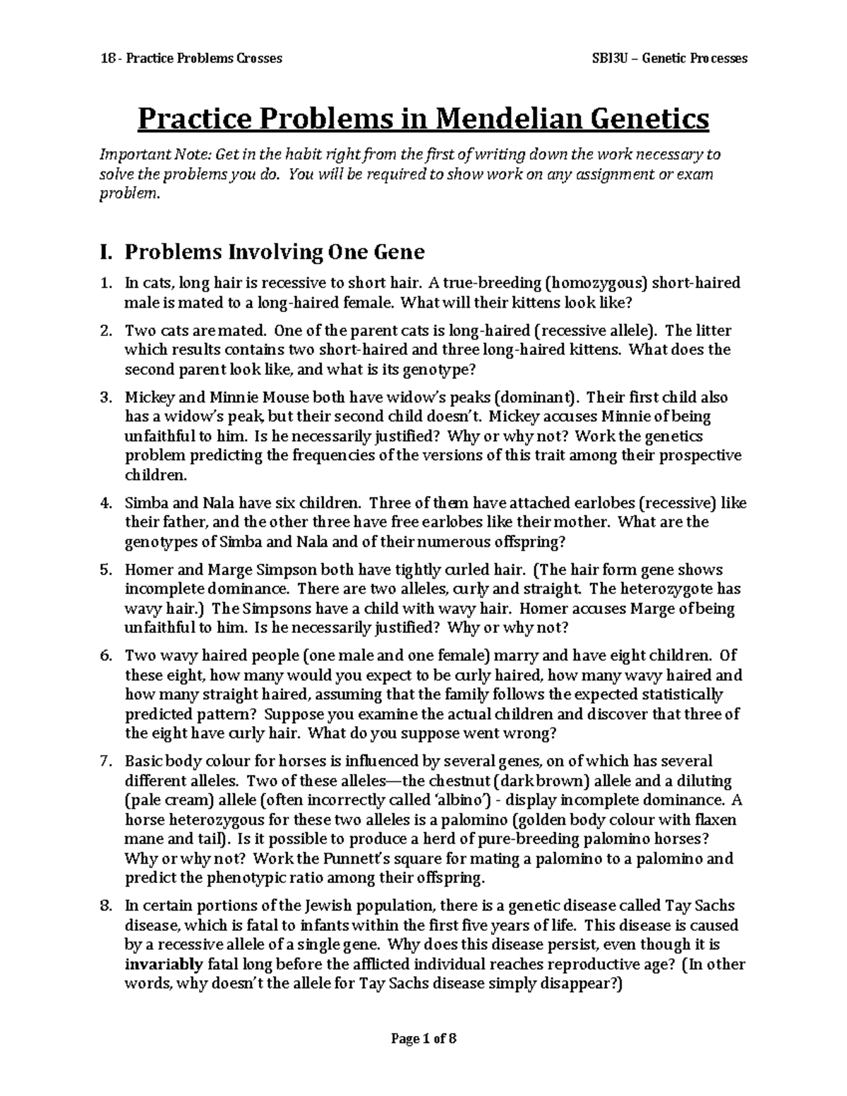 SBI3U Practice Problems in Mendelian Genetics - Studocu