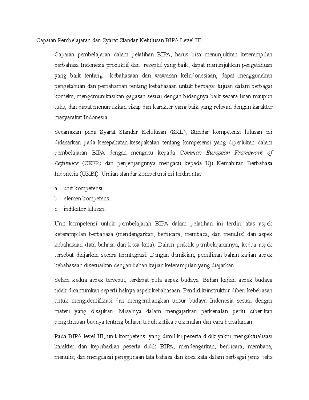 Rangkuman Materi Capaian Pembelajaran BIPA Level III - Studocu