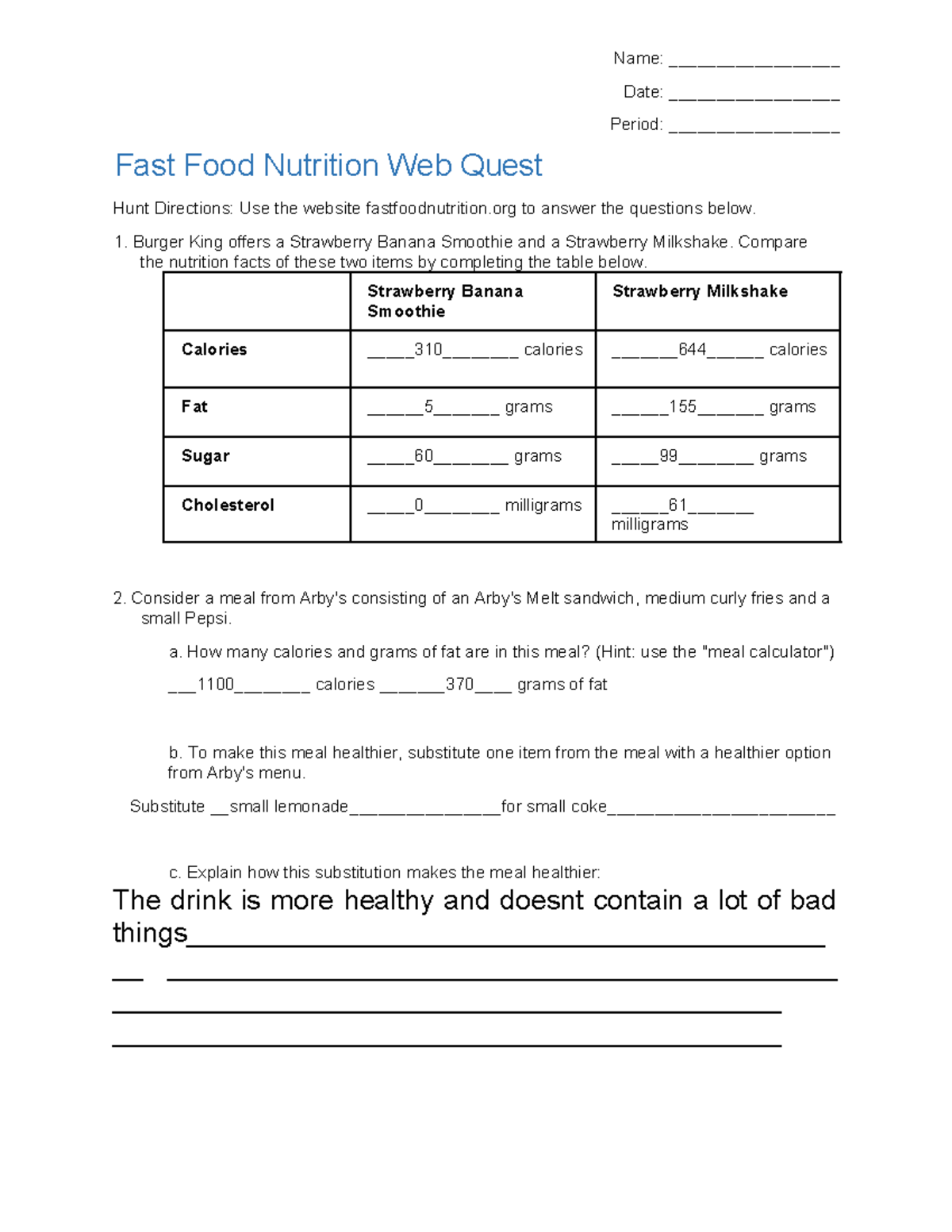 Fast Food Nutrition Web Quest: A Scavenger Hunt Guide - Studocu