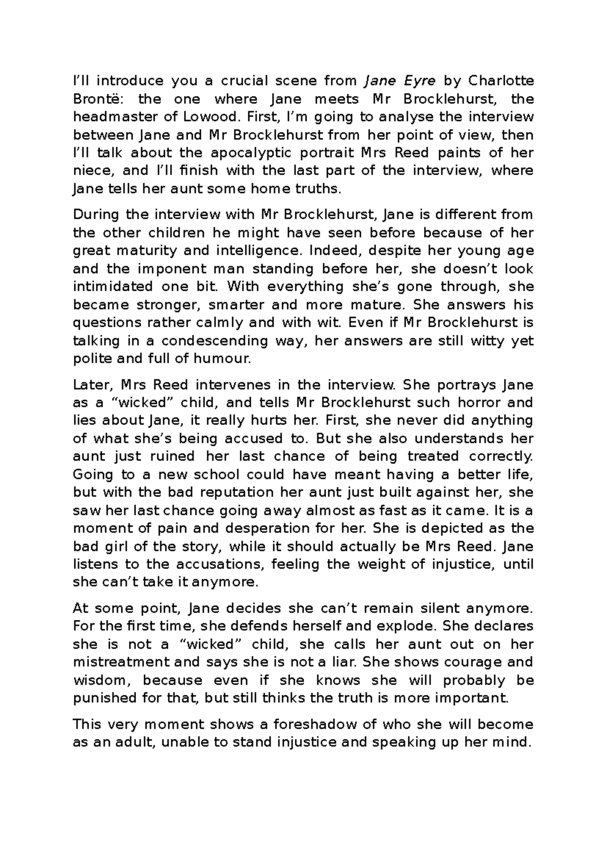 Oral Presentation: Analyzing Jane's Encounter with Mr. Brocklehurst in ...