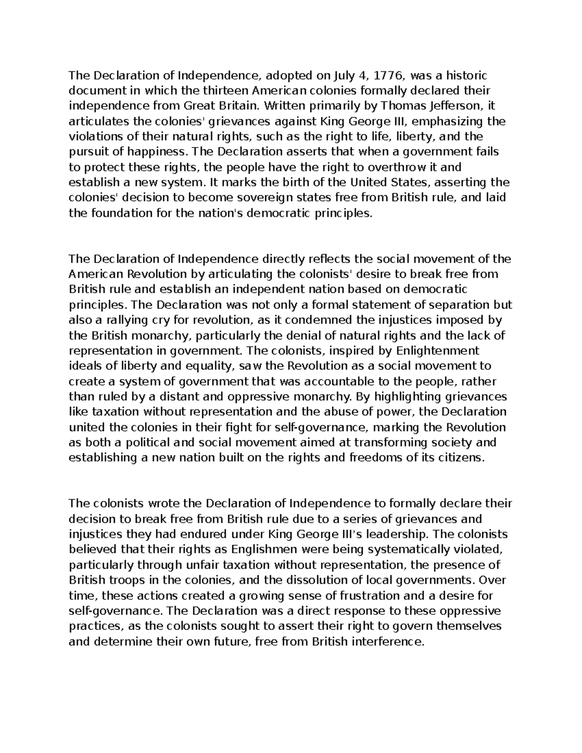 Week 1-2 Short Paper: The Declaration of Independence's Role in Social ...