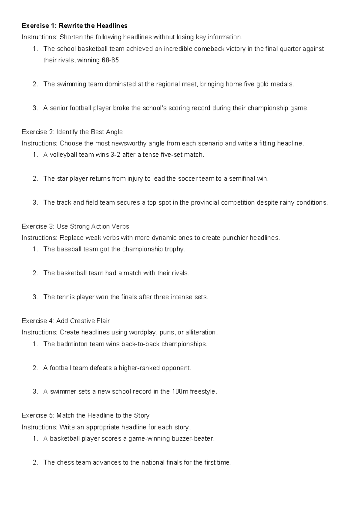 Sports Headline Exercises: Creative Writing & Action Verbs - Studocu