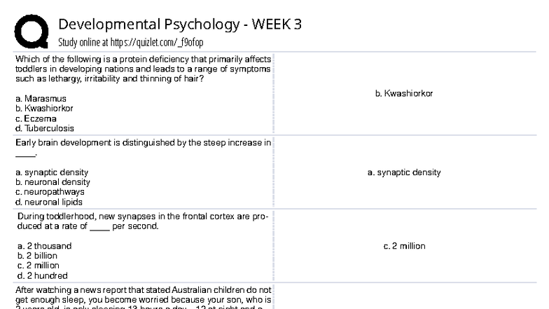 Developmental Psychology PSY 101 Week 3 Quiz Answers - Studocu