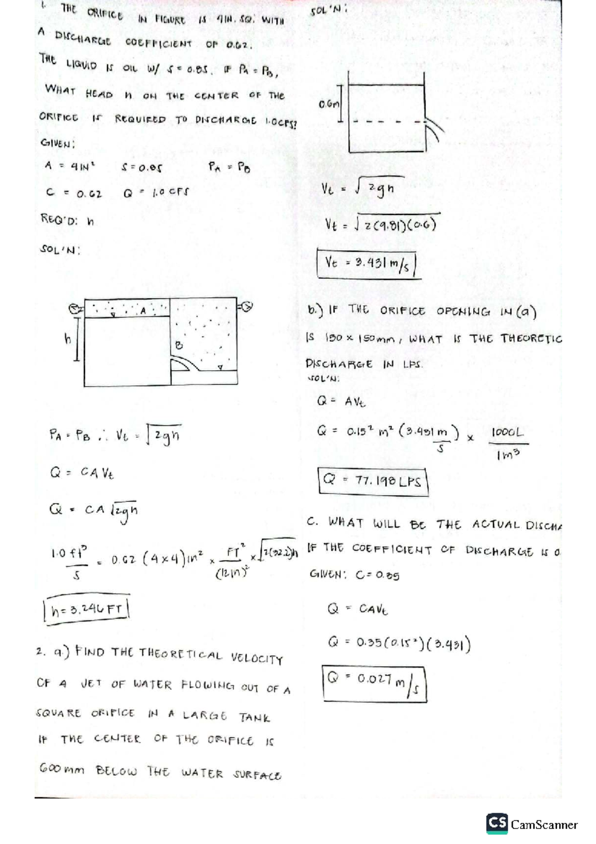 Orifice Flow Calculations: Sample Problems for Fluid Mechanics (ENG 101 ...