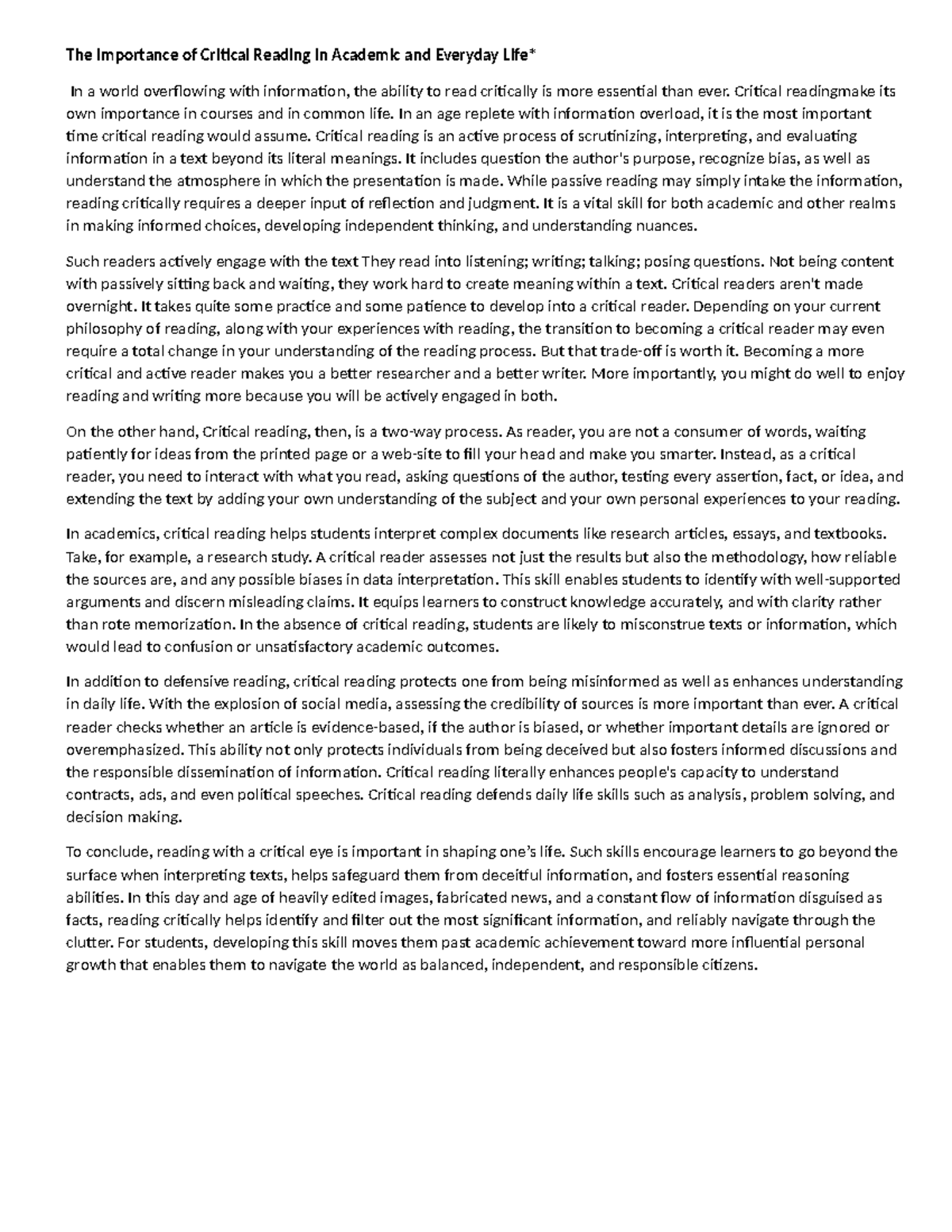 Critical Reading: Essential Skills for Academic Success and Daily Life ...