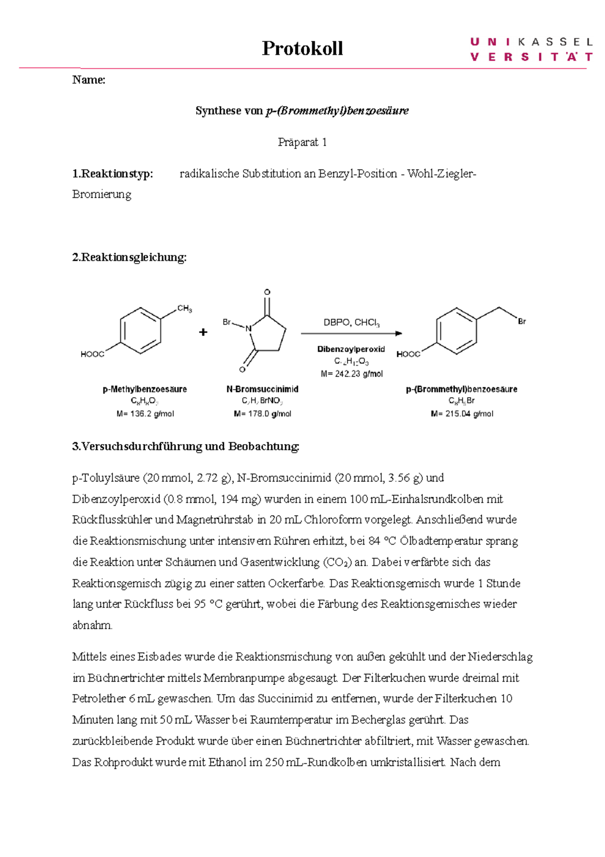 Protokoll zu Versuch 1: Synthese von p-(Brommethyl)benzoesäure, OC I GP ...