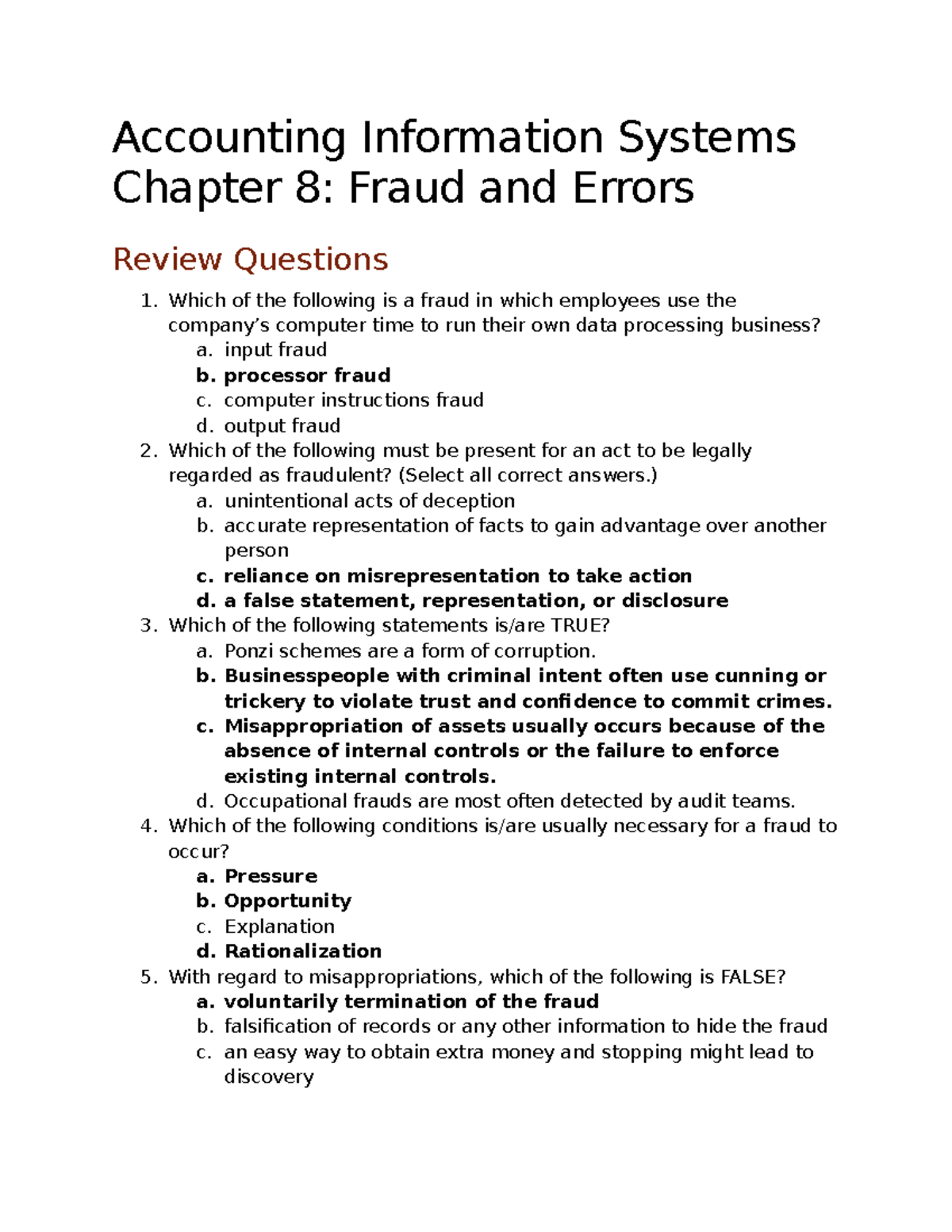 Accounting Information Systems (AIS) Chapter 8: Fraud & Errors Review ...